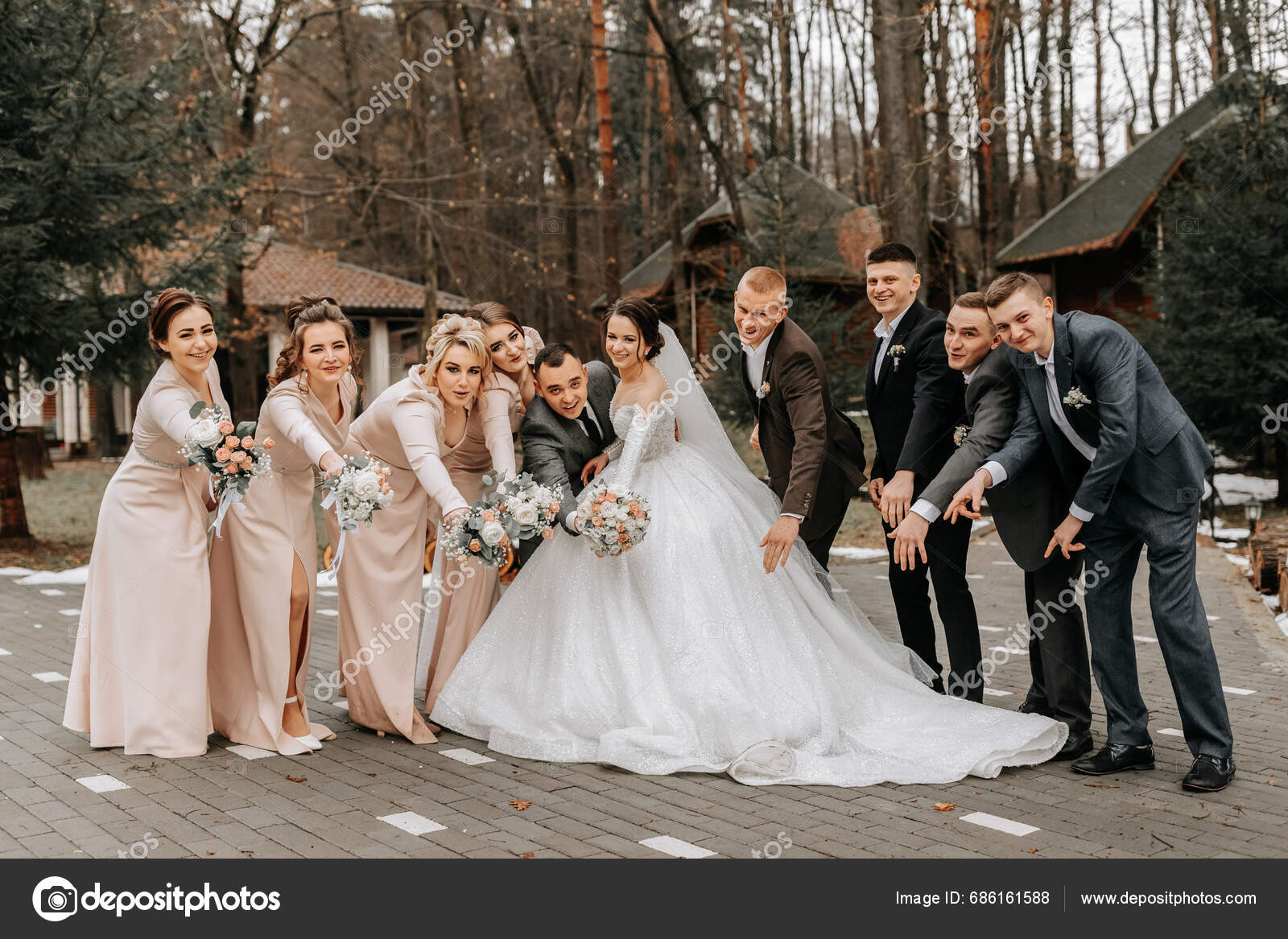 Bride Groom Hugging Posing Friends Friends Having Fun Happy Moments ...