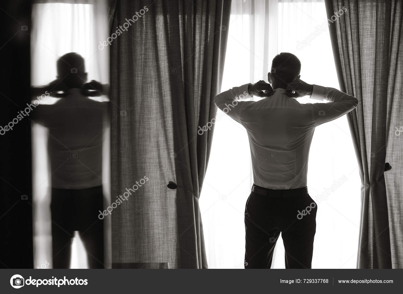 Man Suit Standing Front Window Adjusting His Tie Image Has — Stock ...