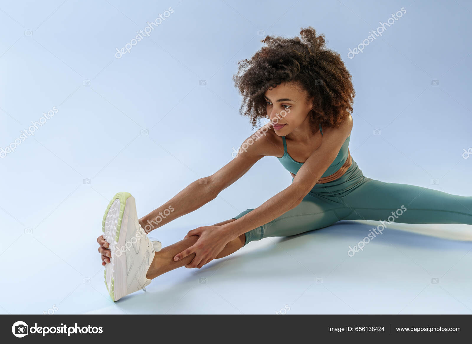 Woman Doing Stretching Exercises Studio Background Looking Camera High ...