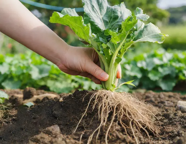 Farmer hand giving compost fertilizer to green vegetable with root ...
