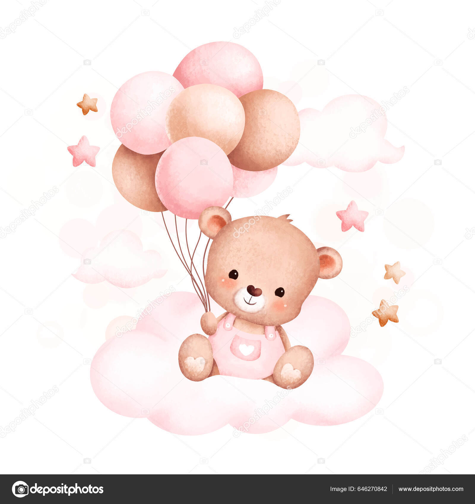Lindo Oso Peluche Con Globos Color Rosa Sobre Fondo Blanco Vector de ...