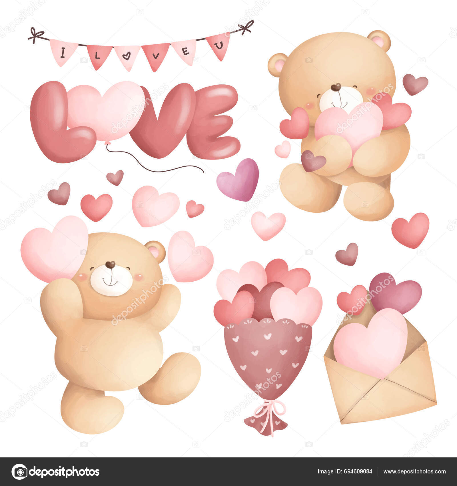 Watercolor Illustration Set Valentine Teddy Bear Love Elements Stock Vector by ©ernes.st83@gmail ...