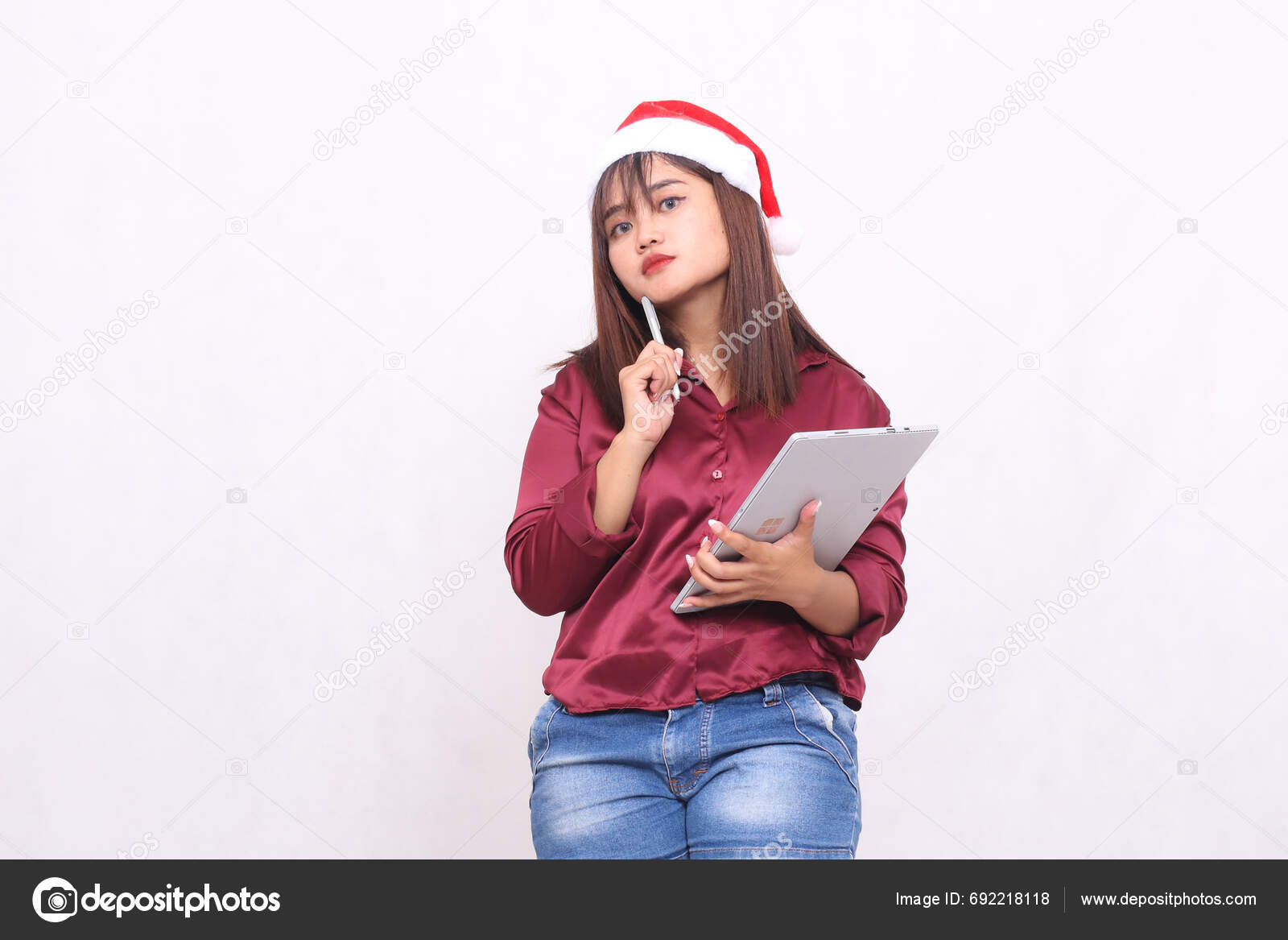 Beautiful Young Southeast Asian Woman Thinking Looking Camera While ...