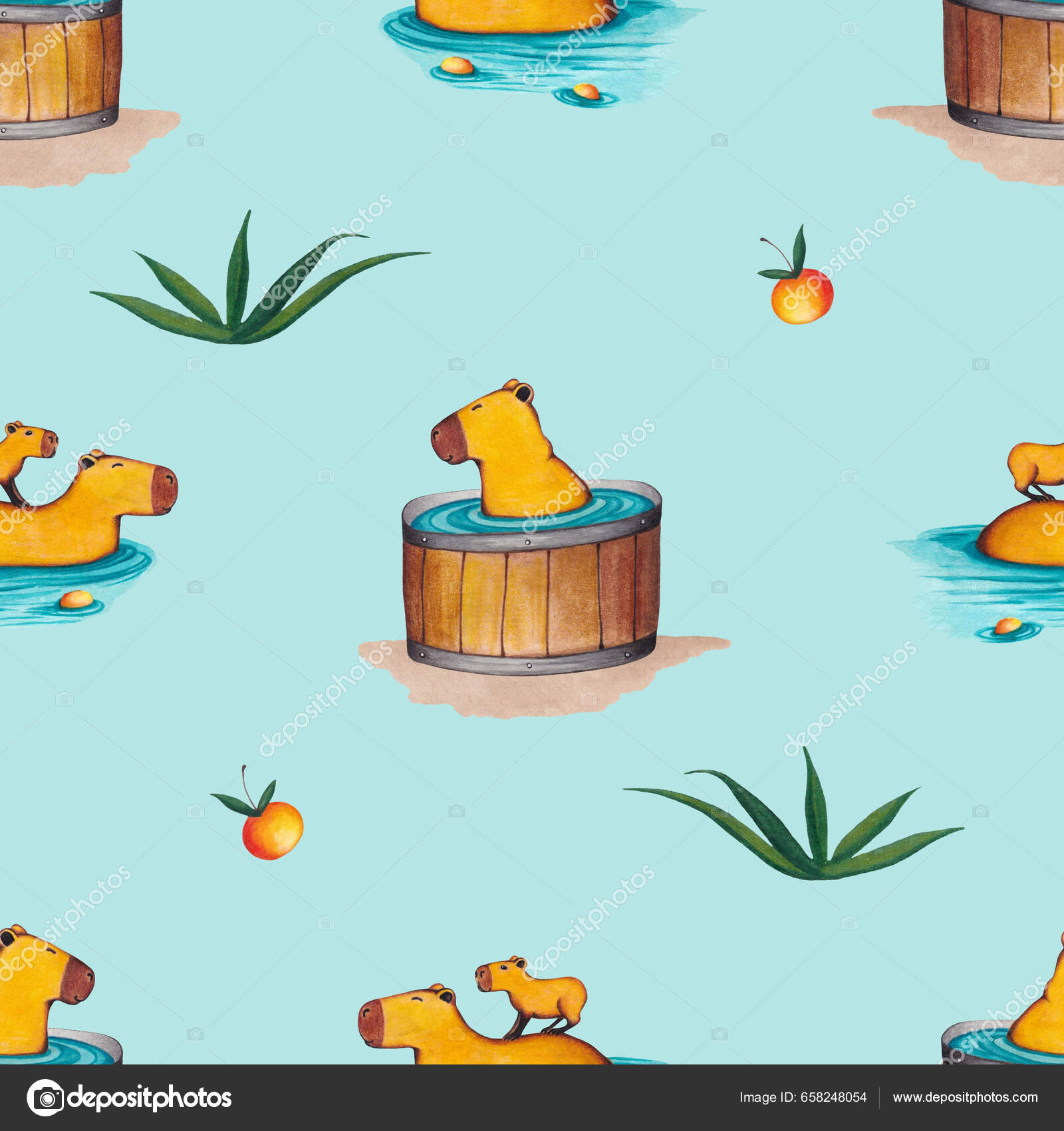 Seamless Pattern Capybaras Swimming Pool Taking Bath Surrounded Plants Fruits — Stock Photo ...