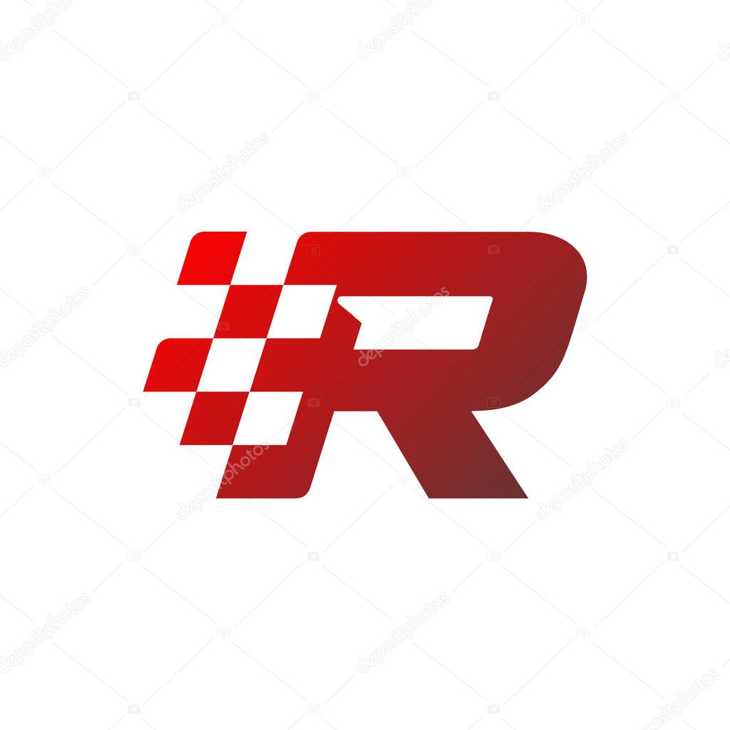 Diseño del logotipo de la letra R y bandera de carreras 2023