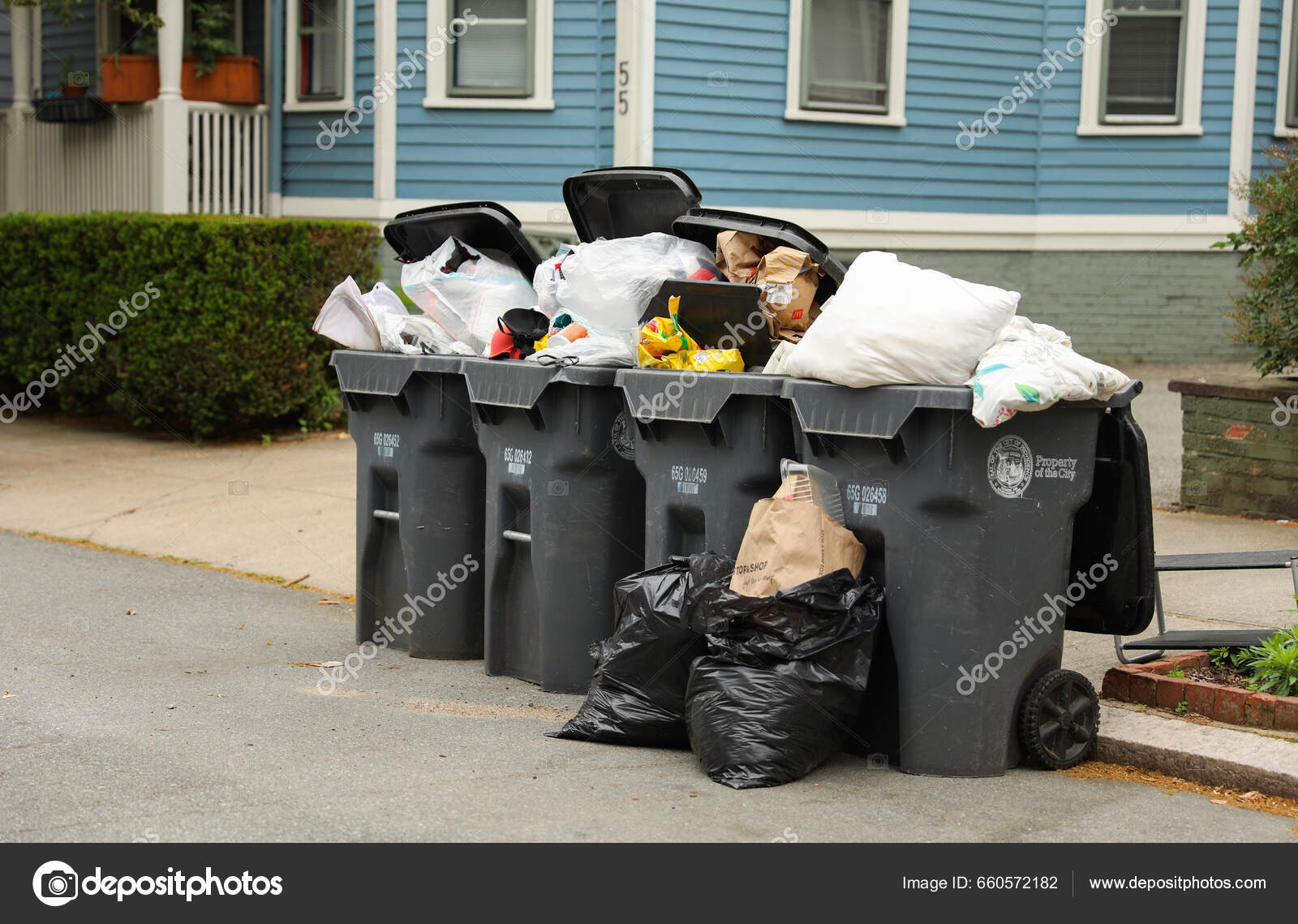 Trashcans Symbolize Waste Management Cleanliness Responsible Disposal ...