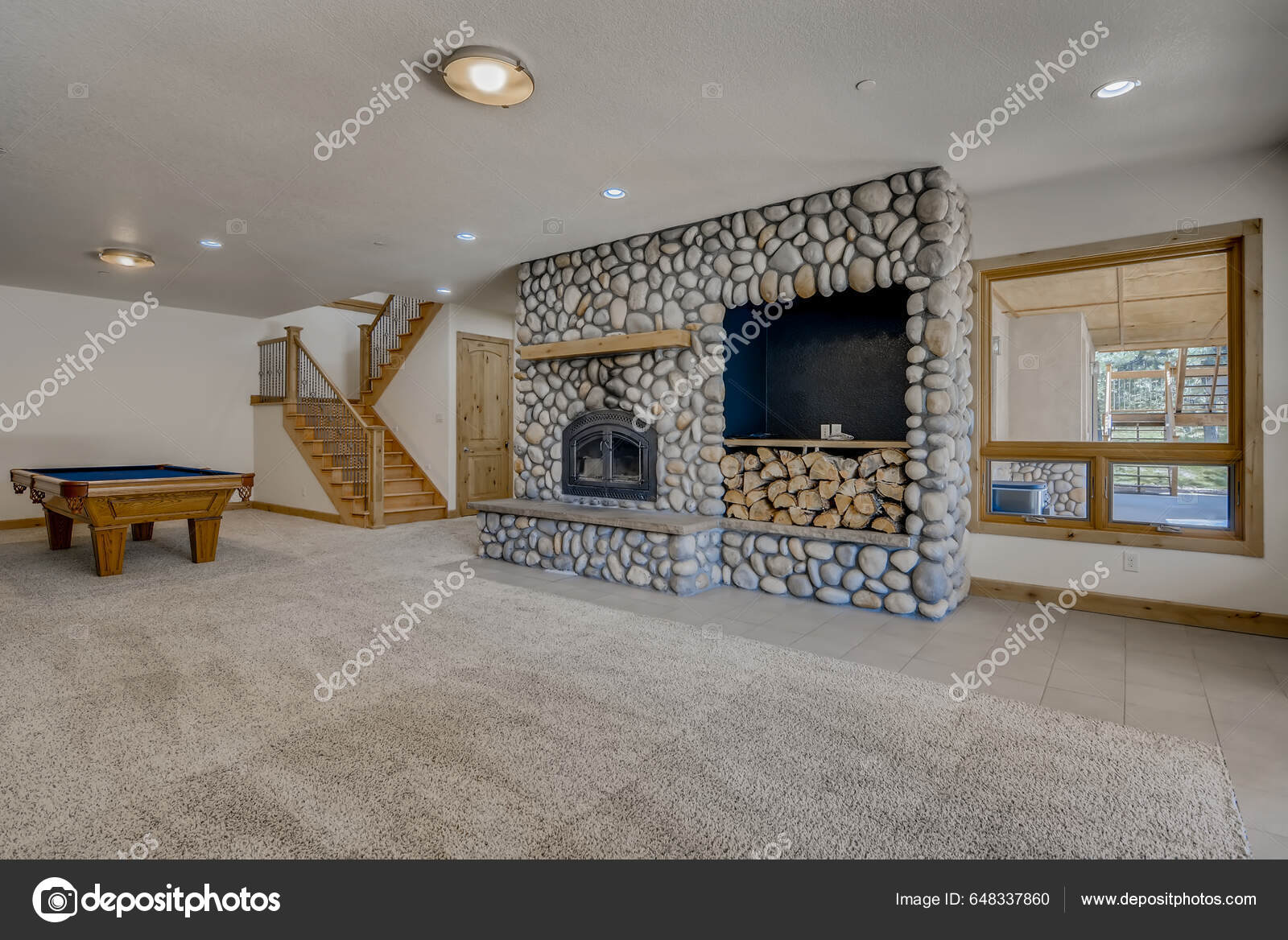Interior Modern House Fireplace Pool Table Rendering Design Stock Photo ...