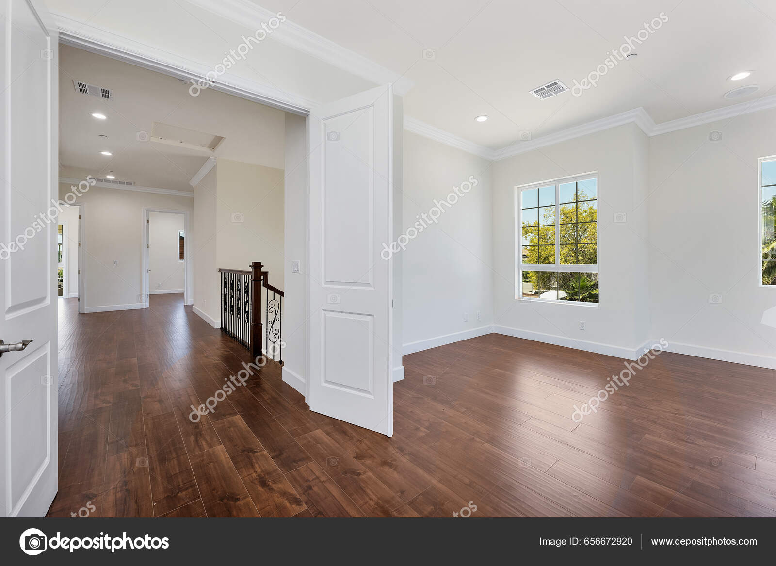 Modern Empty Living Room Wooden Floor White Walls Rendering Stock Photo ...