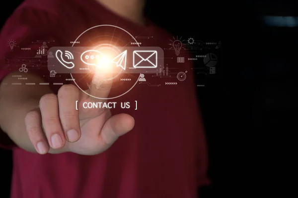 Concept Contact us or connected customer support hotline. businessman ...