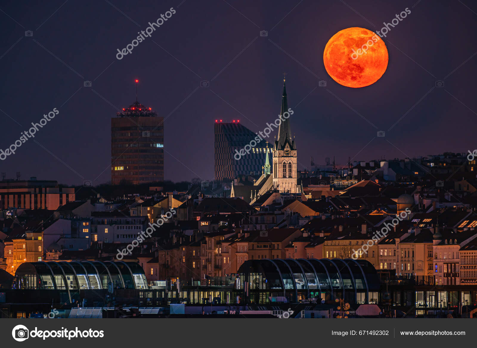 Red Supermoon Rising Church Saint Procopius Prague Stock Photo by ...