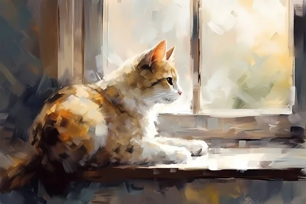 Cat Looking Out Window Painting