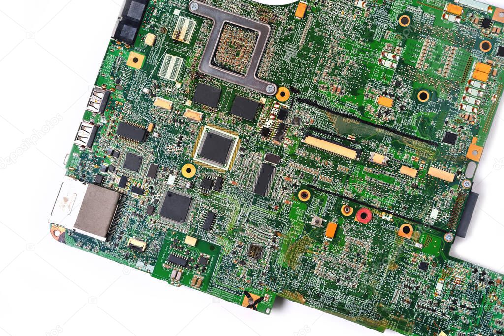 viejo microcircuito de un ordenador portátil, fondo, sobre un fondo ...