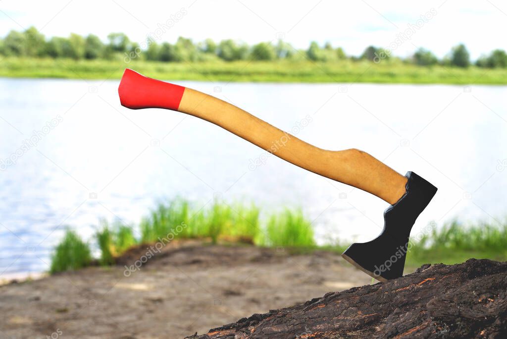 un hermoso hacha en forma de sobresale en un árbol, con un mango ...