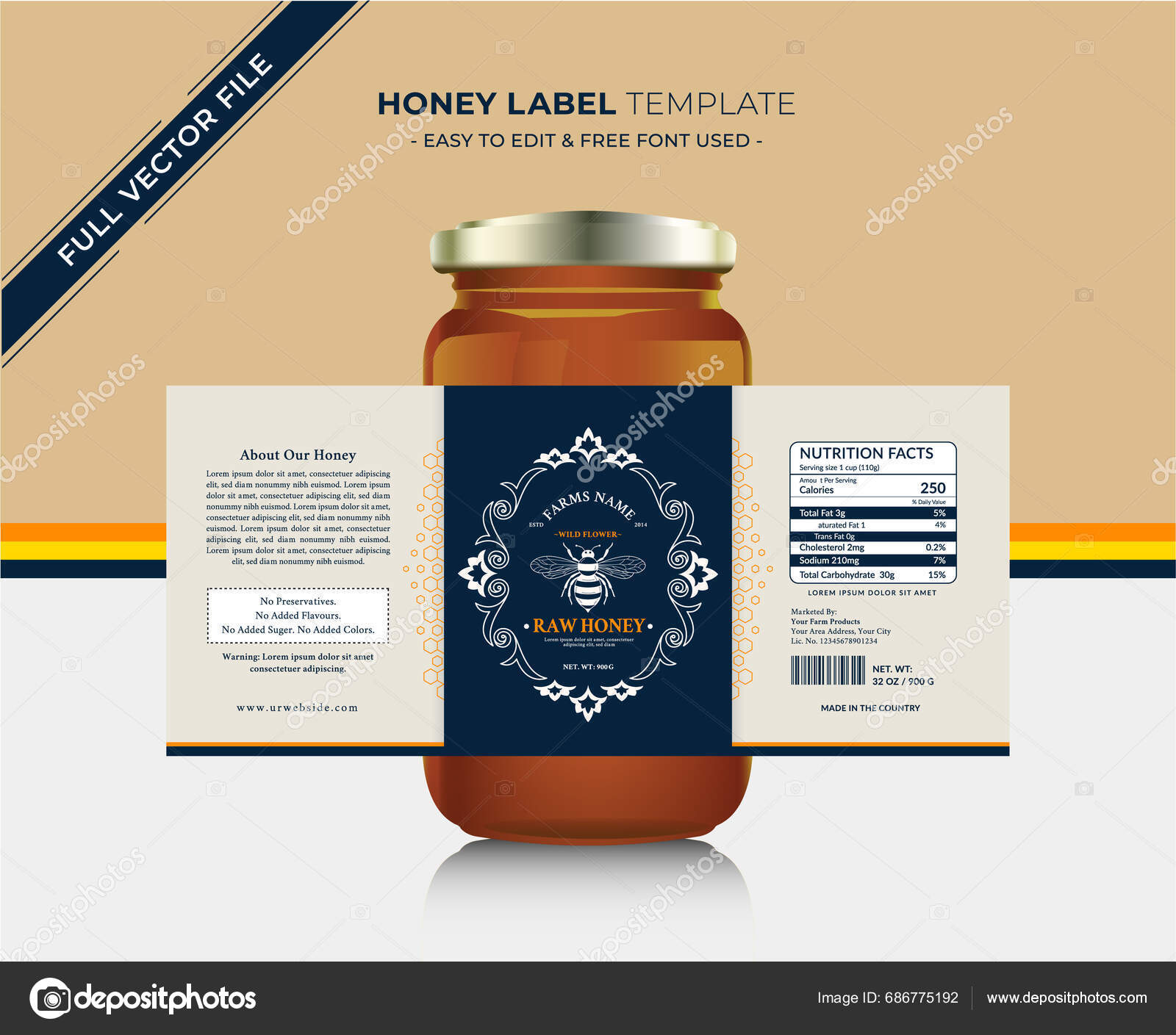 Design Banner Adesivo Rótulo Mel Com Design Mel Abelha Natural Vetor de ...