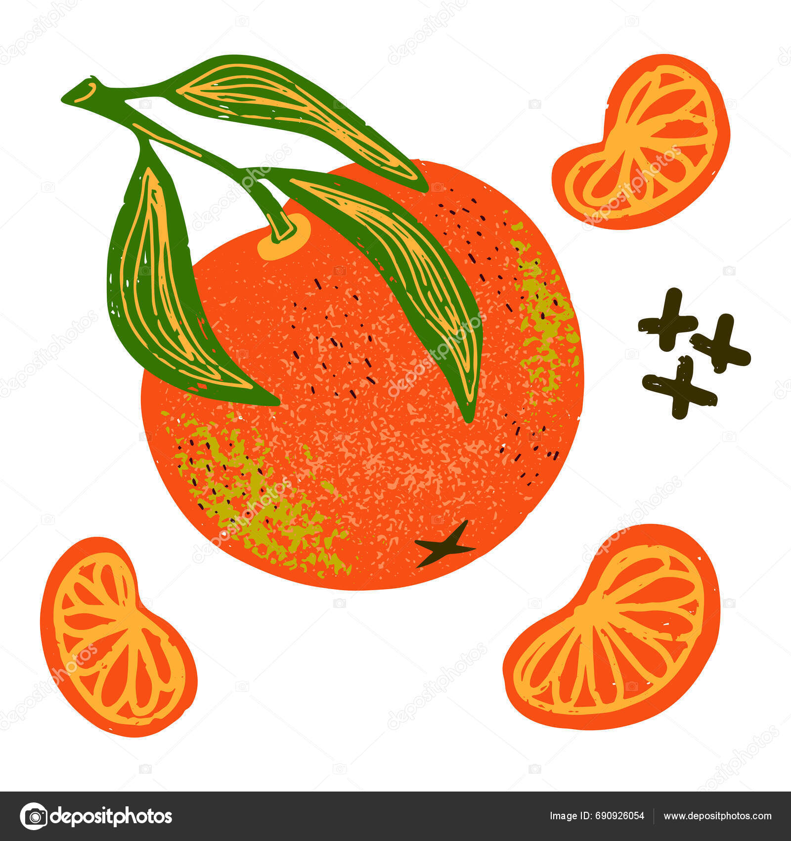 Tangerine Branch Slices Cartoon Style Pencil Crayon Texture Pastel ...