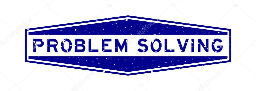 Grunge azul problema solución palabra hexágono sello de goma sobre ...