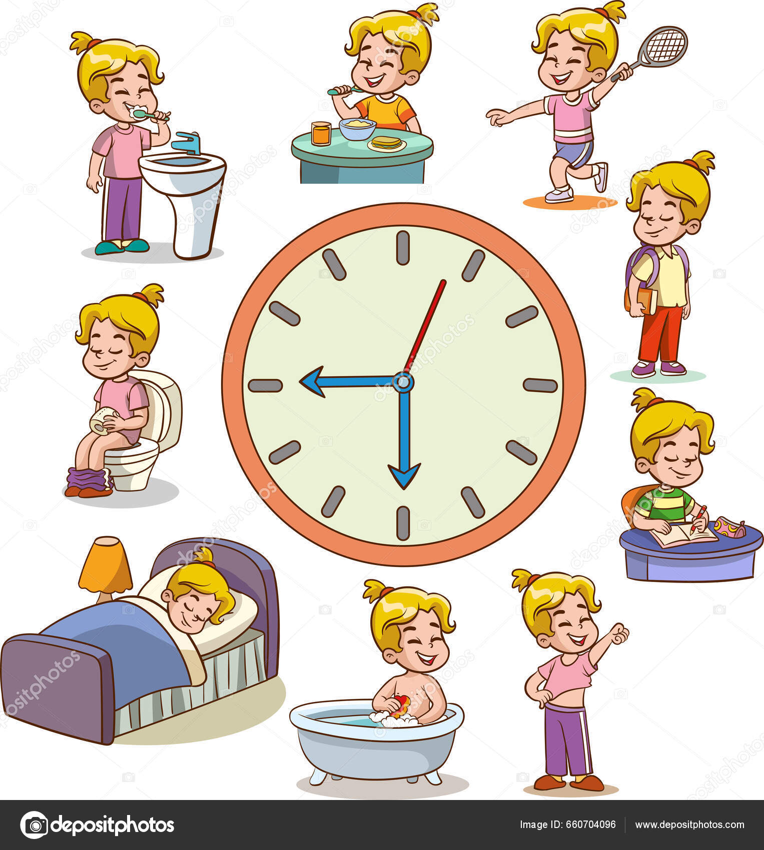 Rutina Diaria Con Relojes Sencillos Conjunto Vectorial Con Niño ...