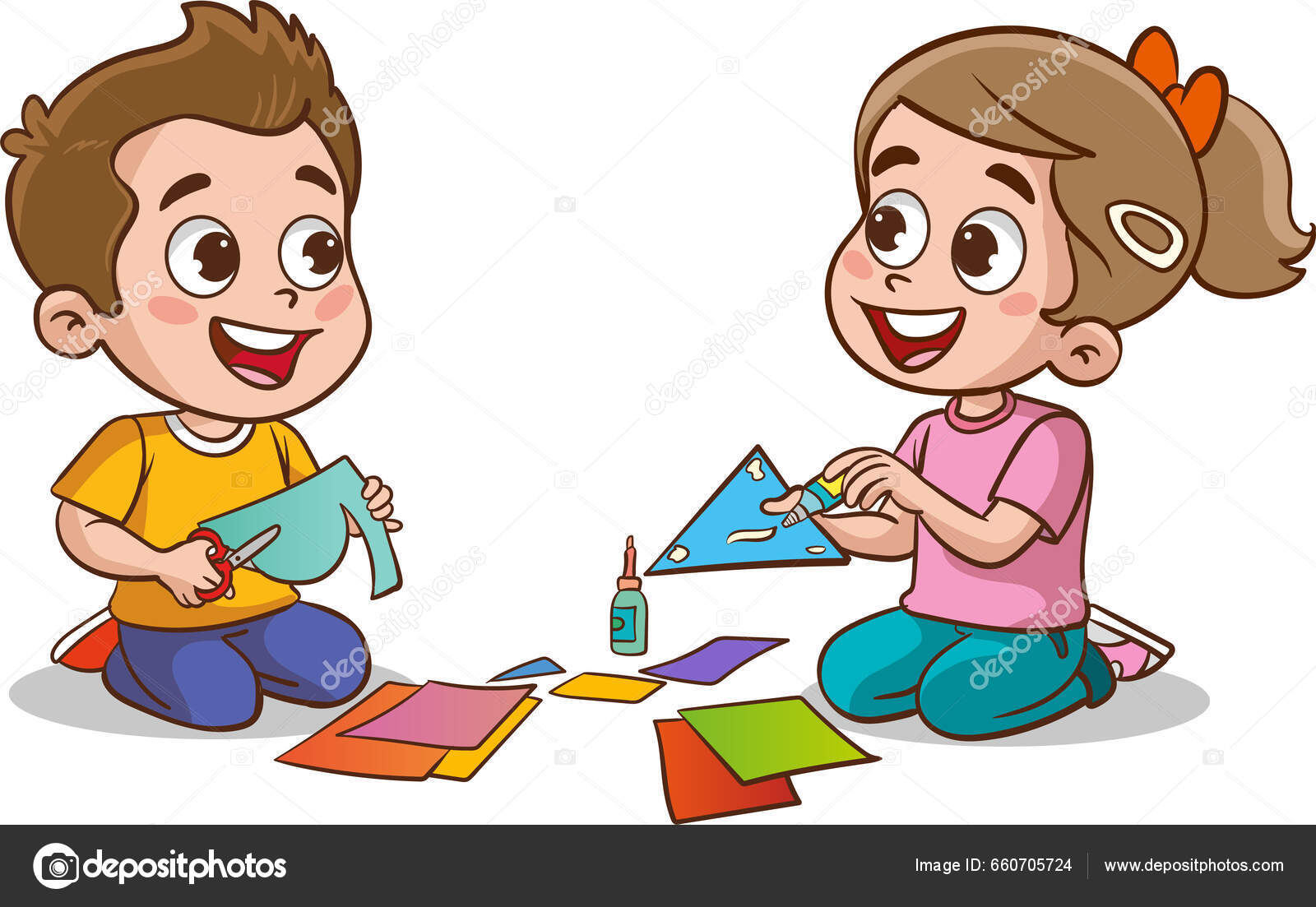 Anak Anak Kecil Yang Lucu Memotong Kertas Untuk Seni Dengan Vektor Stok ...