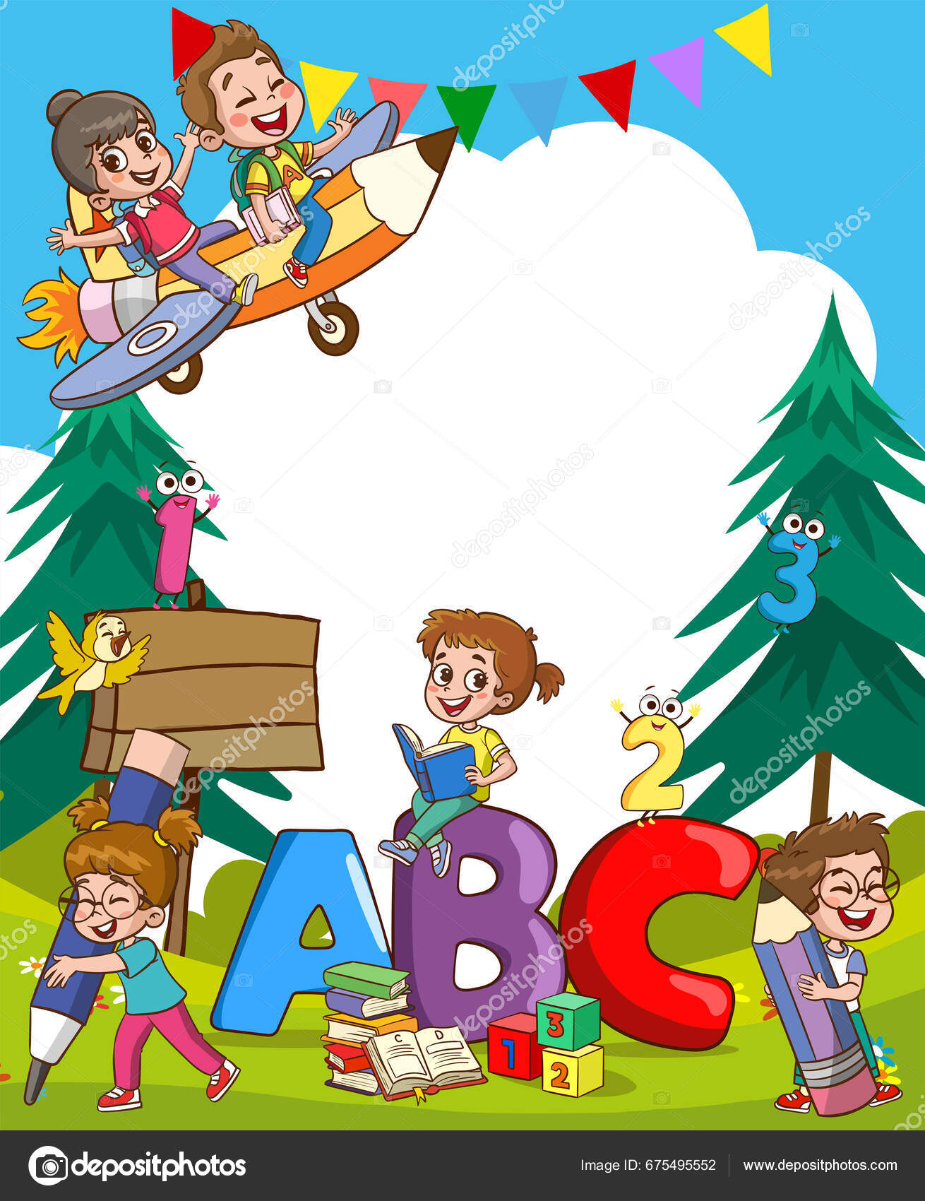 Border Template Design Kids Reading Books Park Illustration Vector ...