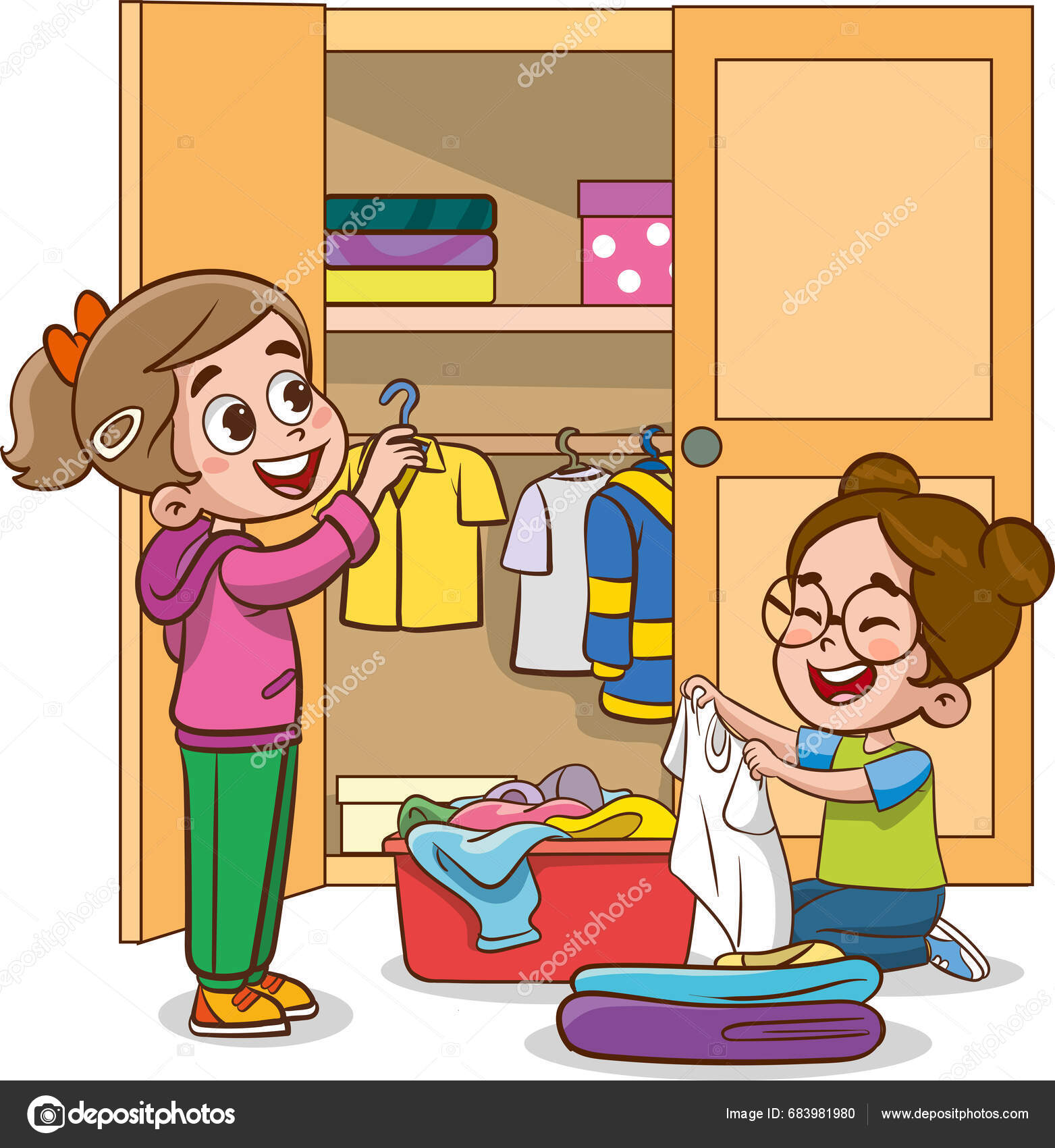 Vector Illustration Cute Kids Putting Clothes Wardrobe Happy Little ...