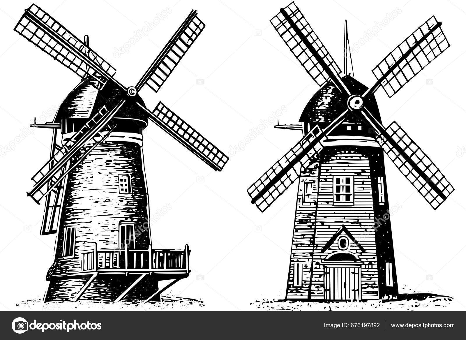 Windmil Field Hand Drawn Vintage Sketch Engraving Style Vector ...