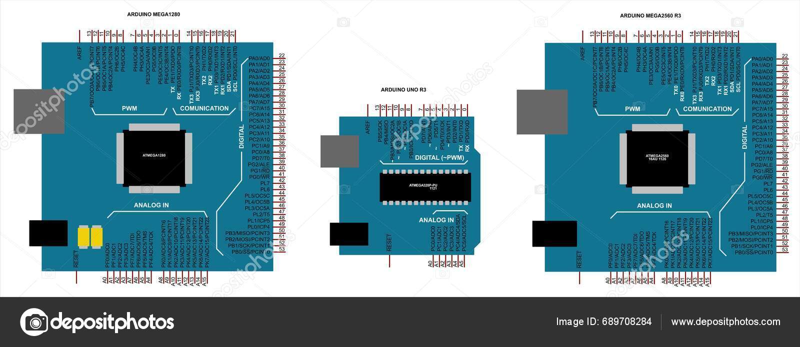 Vector Illustration Arduino Uno Printed Circuit Board Arduino Mega Electronic Stock Vector By