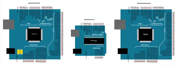 Ilustración vectorial de placa de circuito impreso arduino uno y mega arduino. Tablero ...