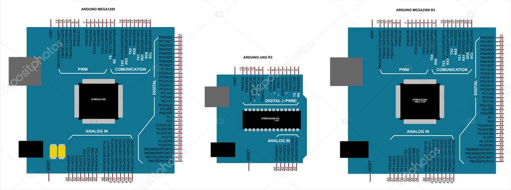 Ilustración vectorial de placa de circuito impreso arduino uno y mega arduino. Tablero ...