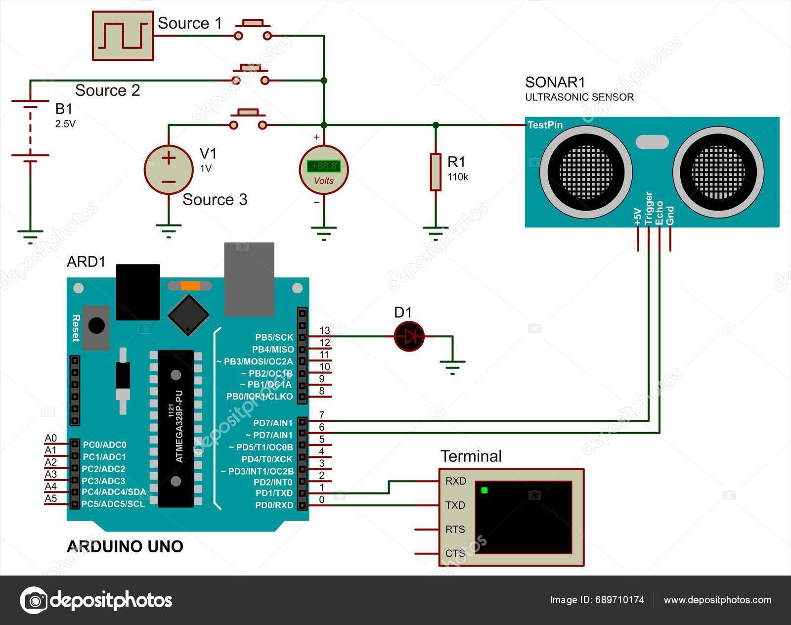Arduino Uno Scheme Processing Keystrokes Displaying Information Terminal Vector Circuit Stock