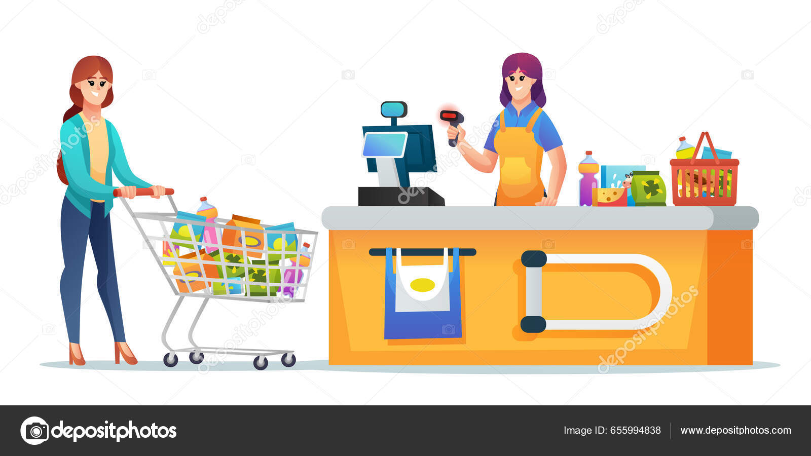 Cajero Cliente Con Carrito Comestibles Cesta Ilustración Del Mostrador ...