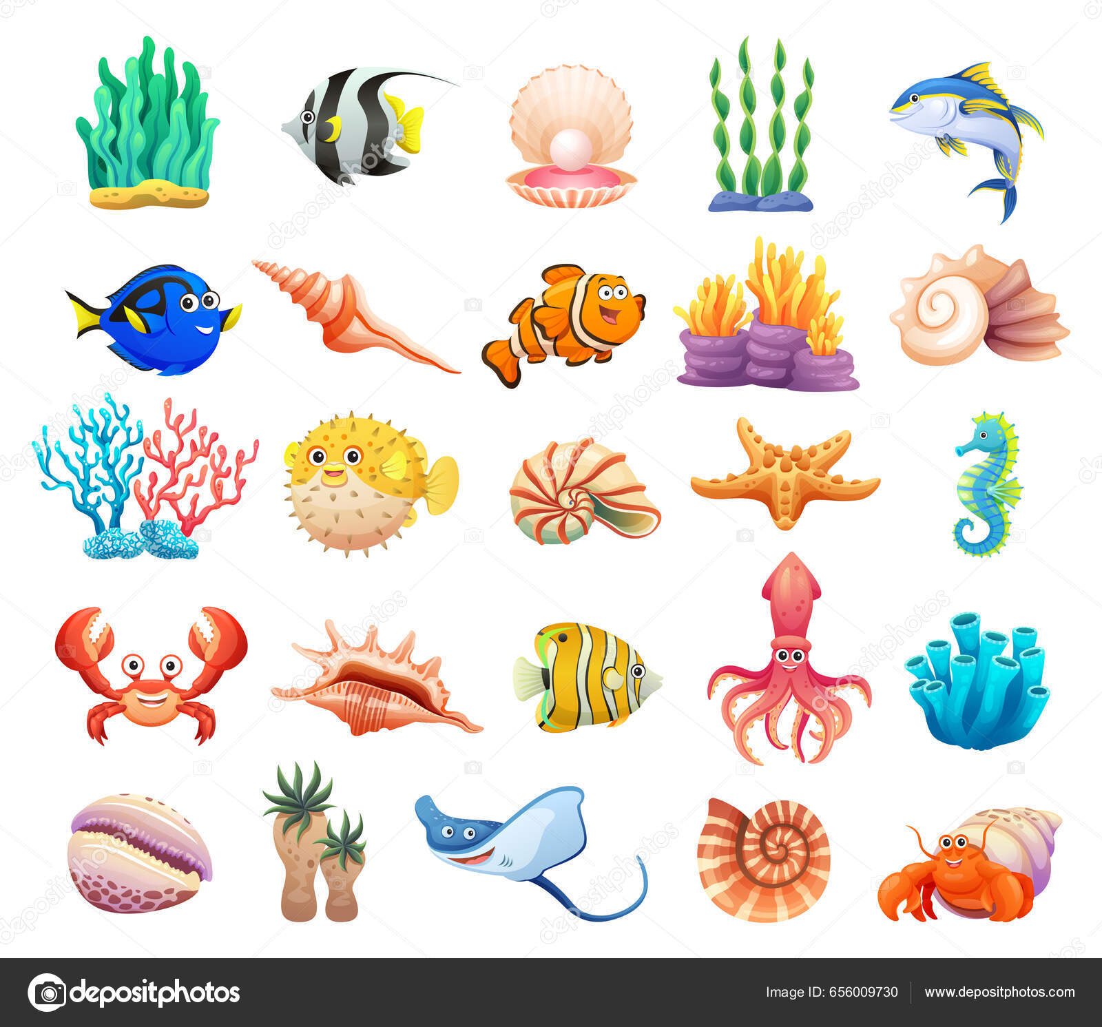 Hewan Laut Kerang Laut Dan Koleksi Kartun Terumbu Karang Vektor Stok ...