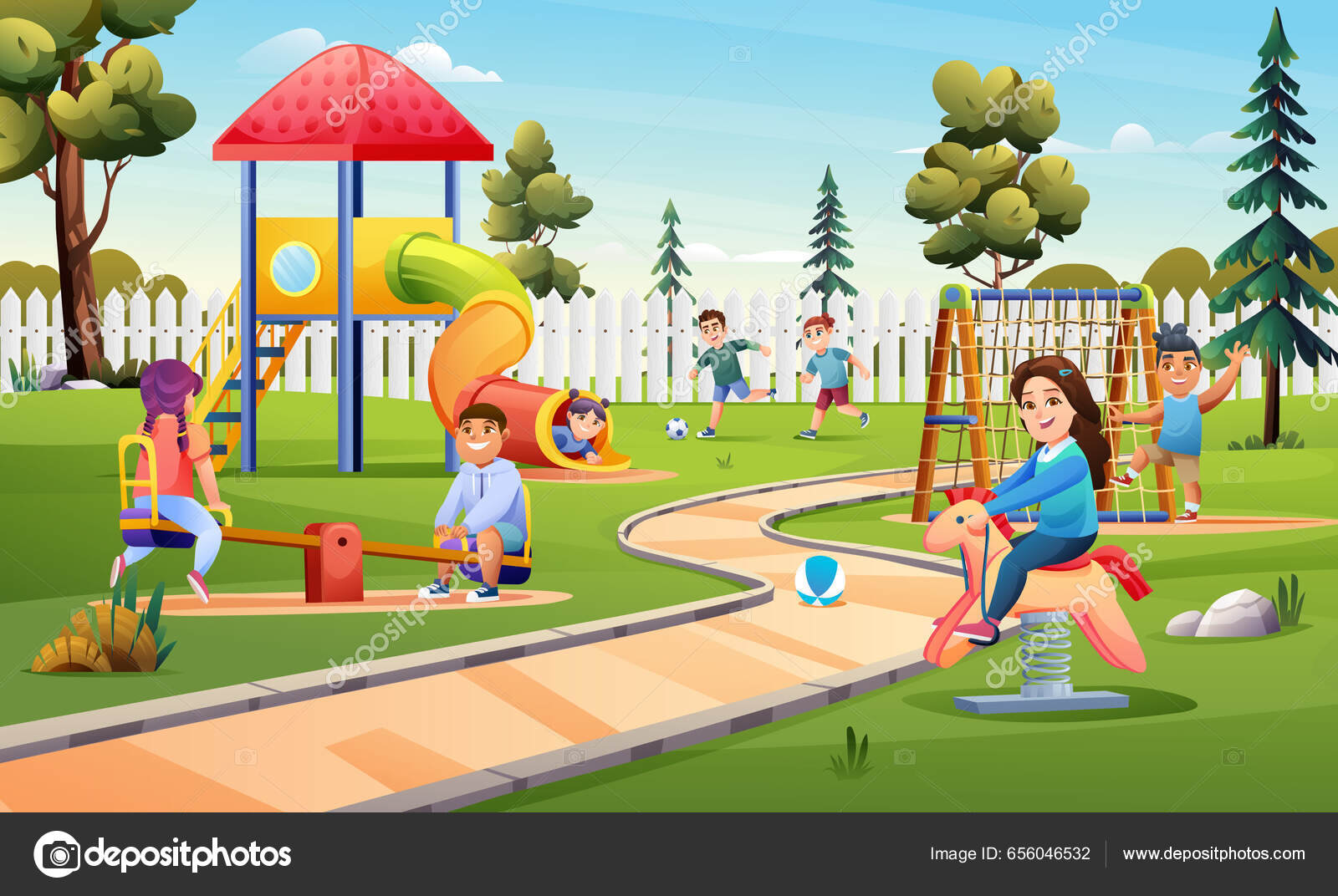 Anak Anak Ceria Bermain Taman Bermain Kartun Ilustrasi Vektor Stok oleh ...