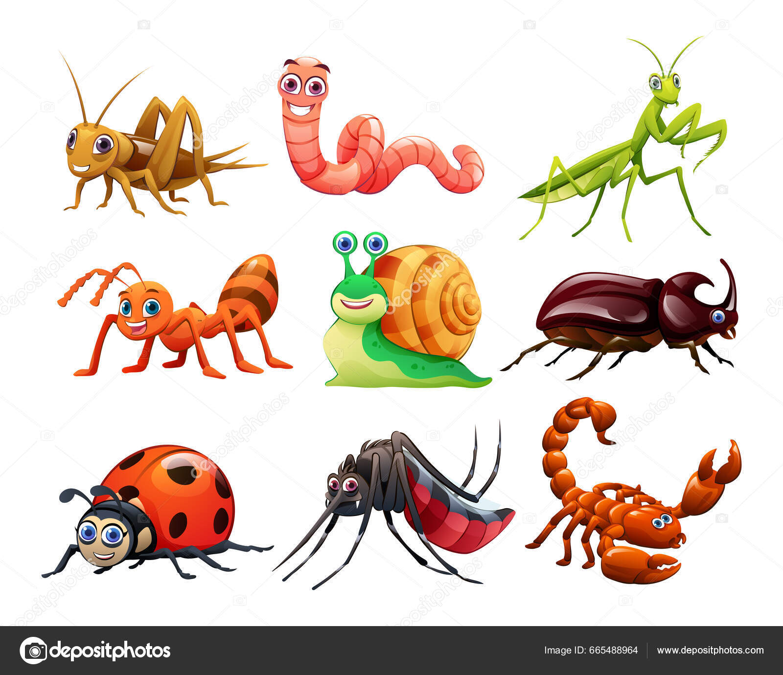 Conjunto Insectos Lindos Estilo Dibujos Animados Vector de stock por ...