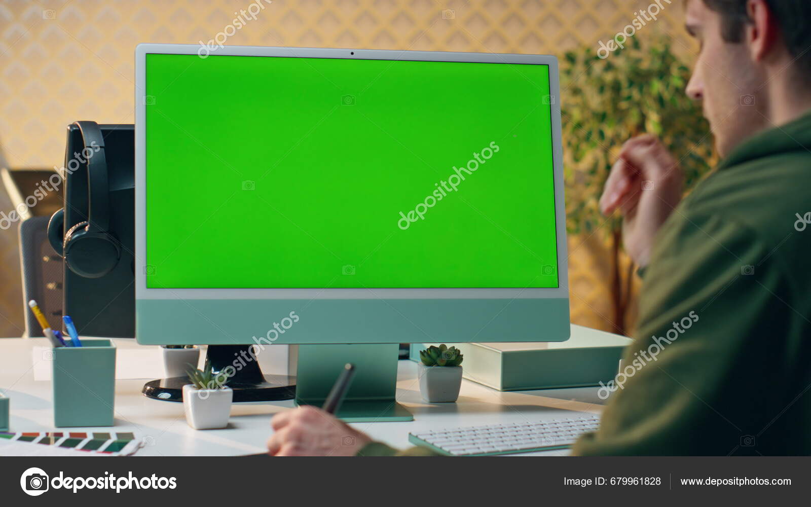 Designer Working Chromakey Computer Drawing Tablet Office Closeup ...