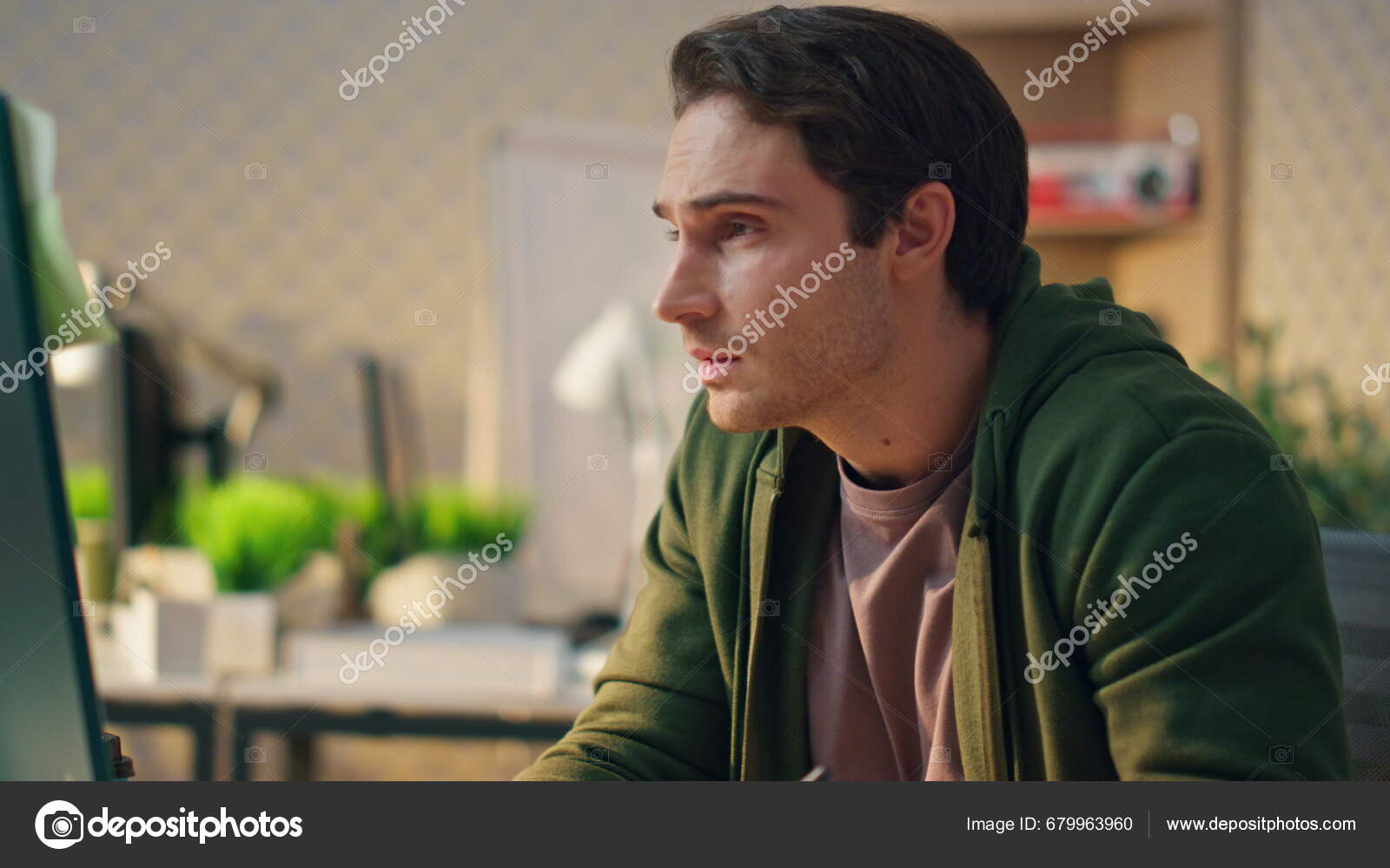 Serious Man Looking Computer Screen Modern Office Close Brunette ...