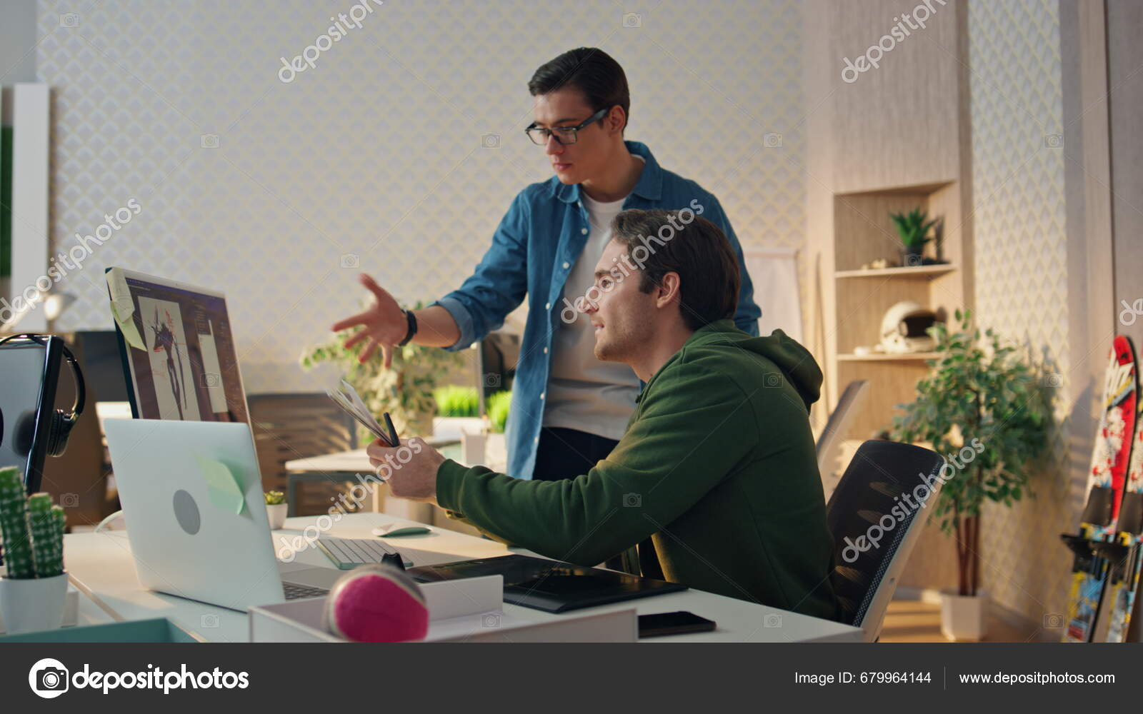 Smiling Colleagues Working Computer Corporate Office Eyeglasses Man ...