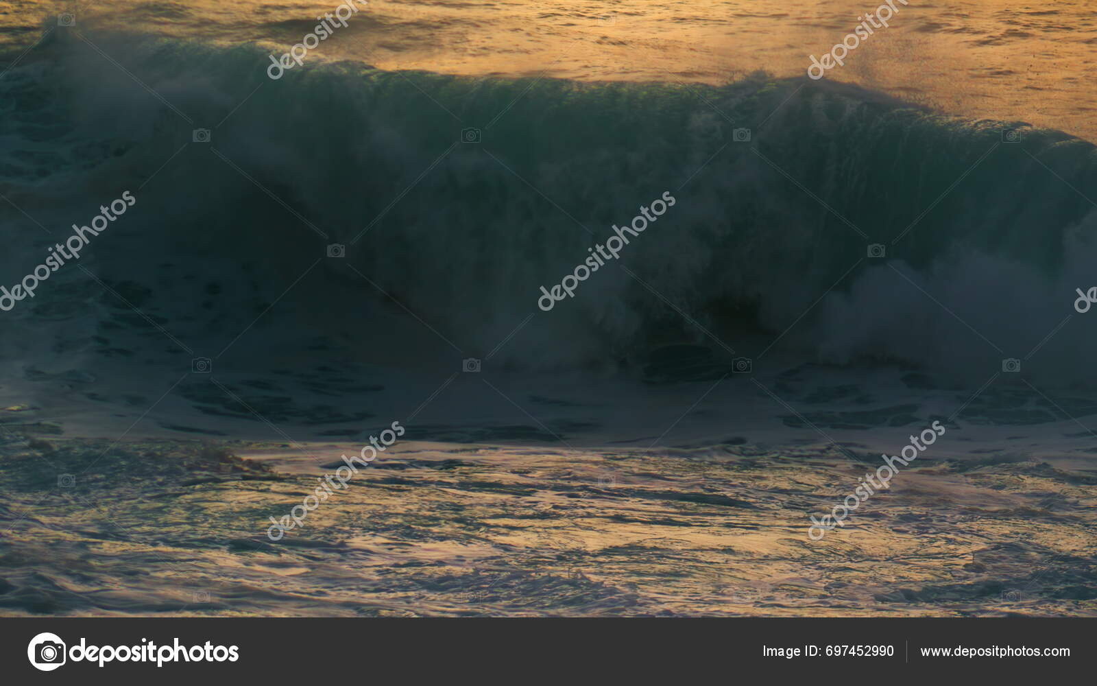 Sea Wave Breaking Shore Early Morning Closeup Powerful Surf Foaming ...