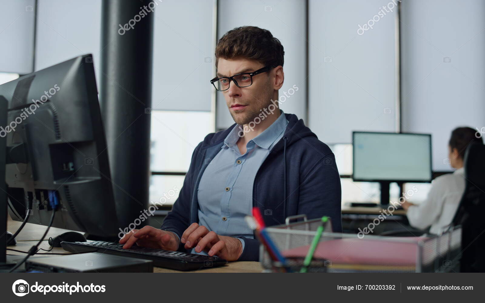 Serious Guy Typing Computer Office Professional Programmer Code Using ...