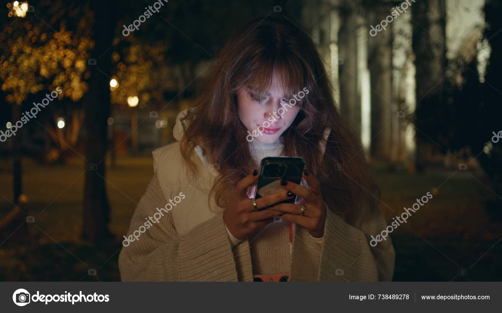 Focused Woman Typing Sms Smartphone City Night Street Closeup ...