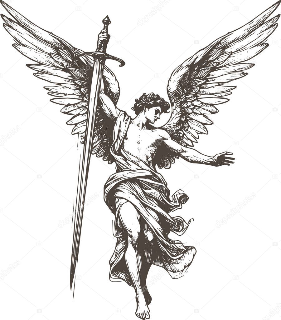 ángel con espada en la mano y alas de gran alcance se hace en estilo de ...
