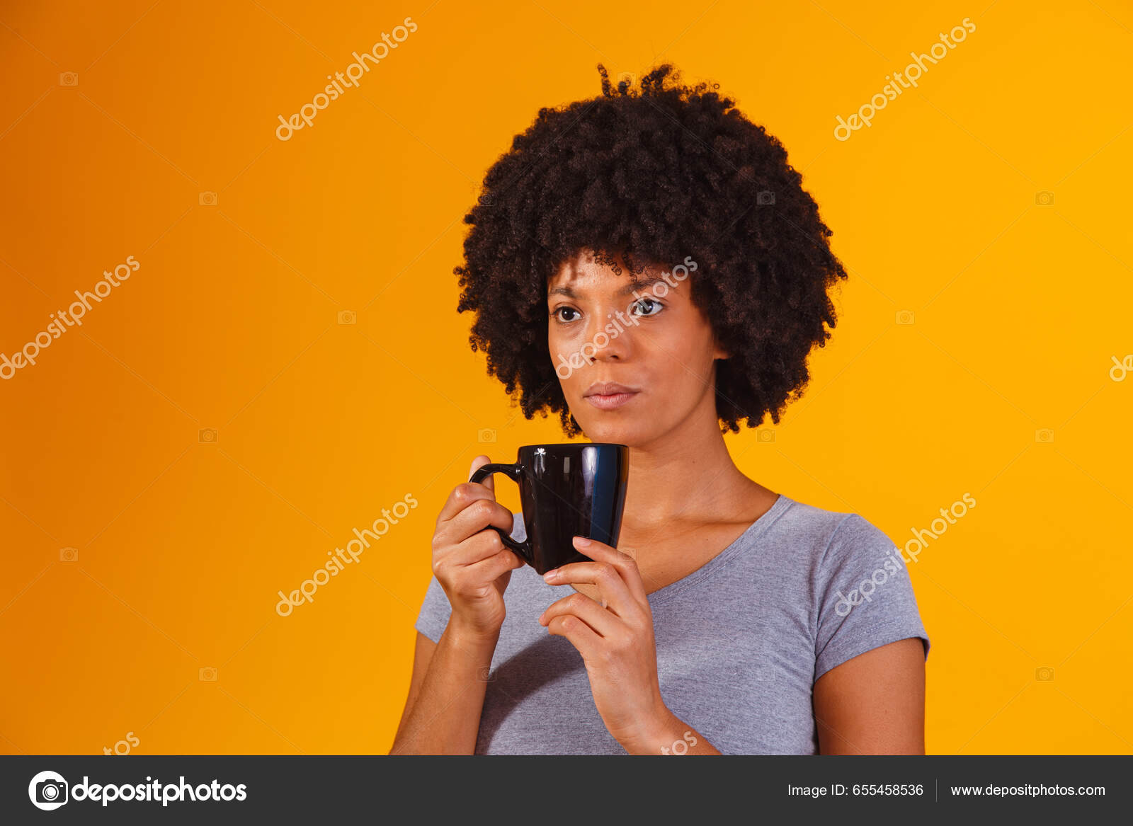 Afro Woman Taking Tea Yellow Background — Stock Photo © Ibstock #655458536