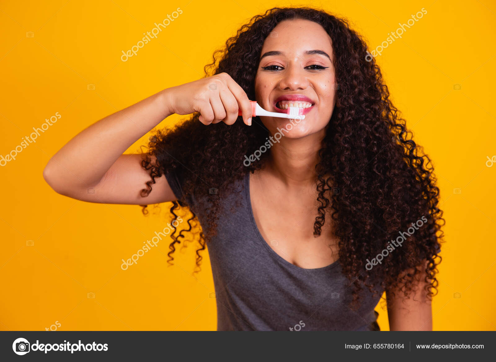 Young Afro Girl Brushing Teeth Yellow Background Afro Woman Brushing ...