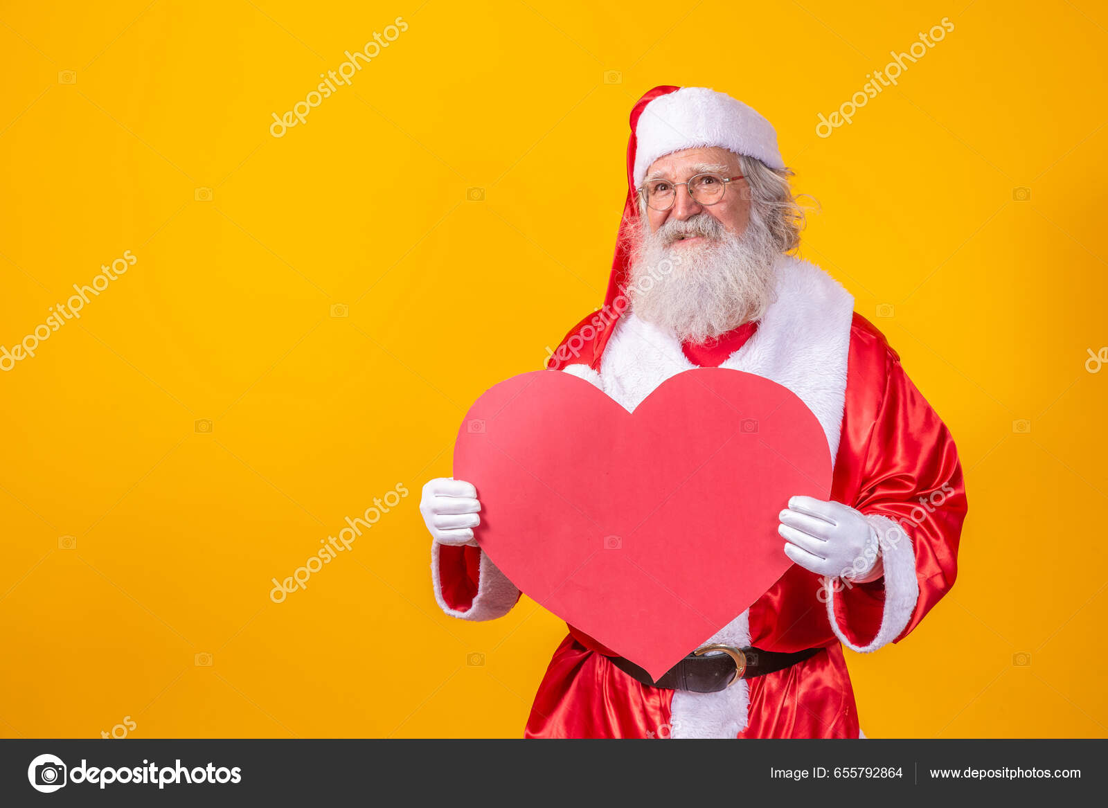 Santa Claus Holding Big Red Heart Card Yellow Background Romantic Stock ...