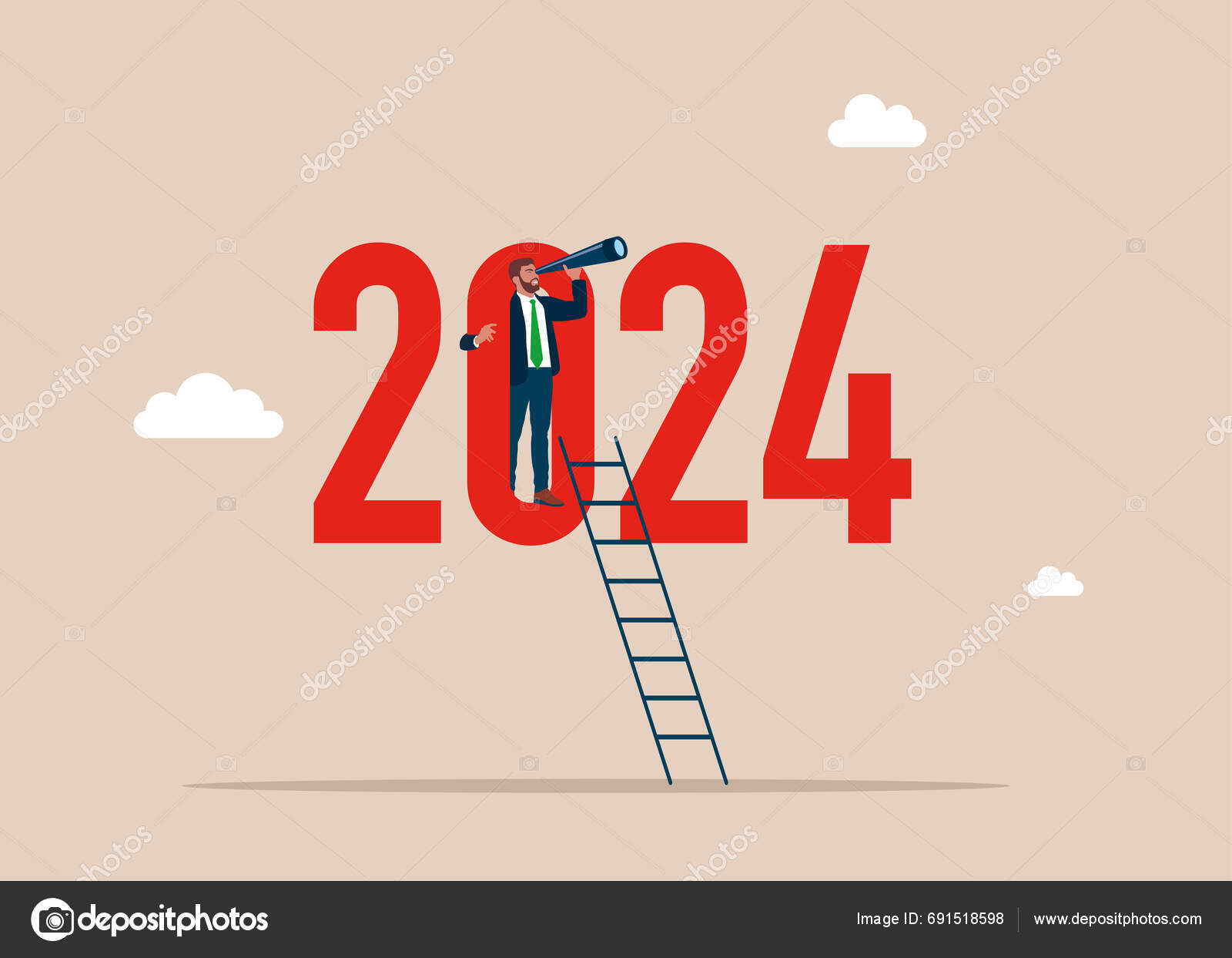 Businessman Stands 2024 Looks Binoculars Year 2024 Plan Future Vision ...