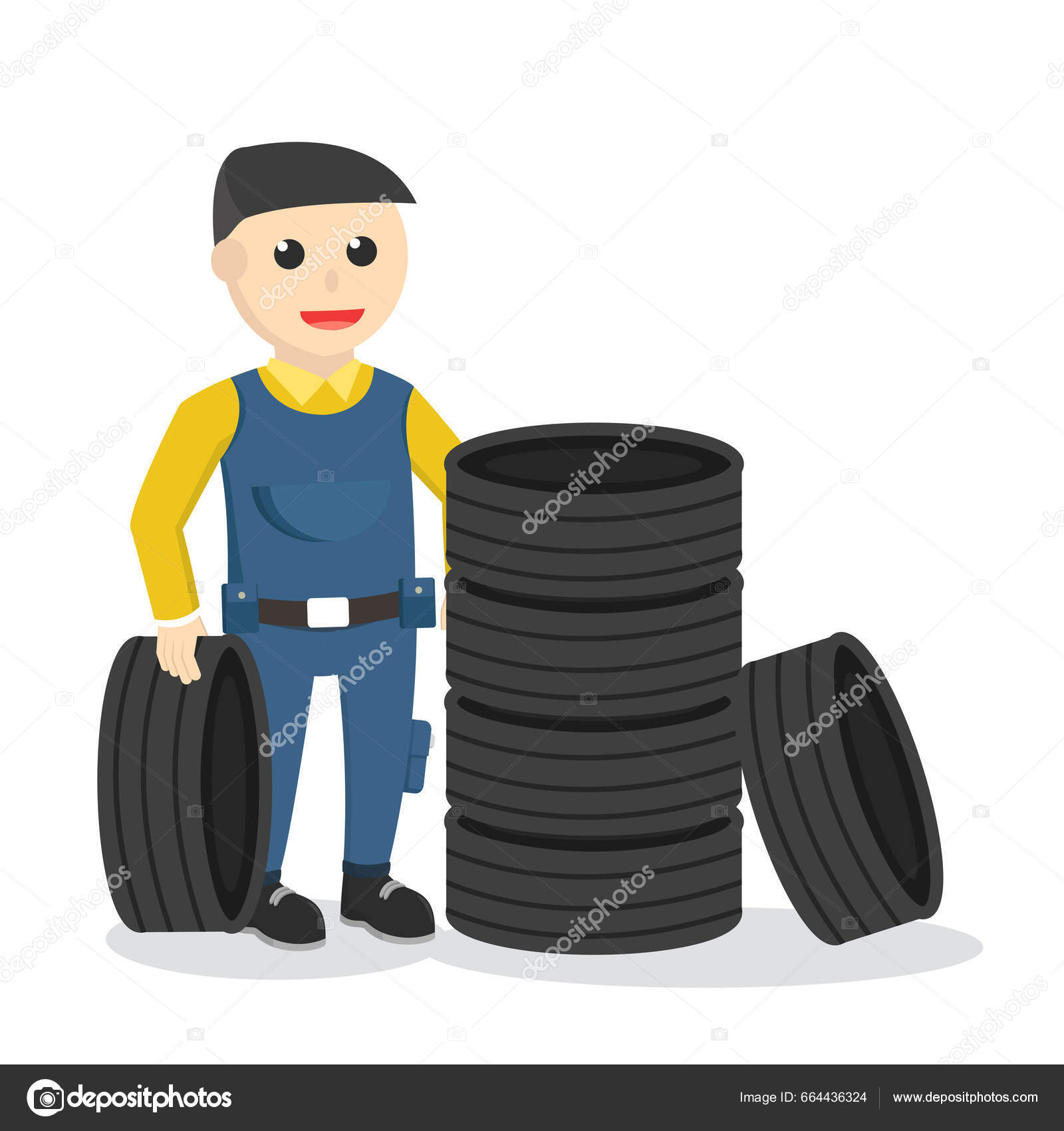 Mechanic Stack Tires Design Character White Background Stock Vector by ...