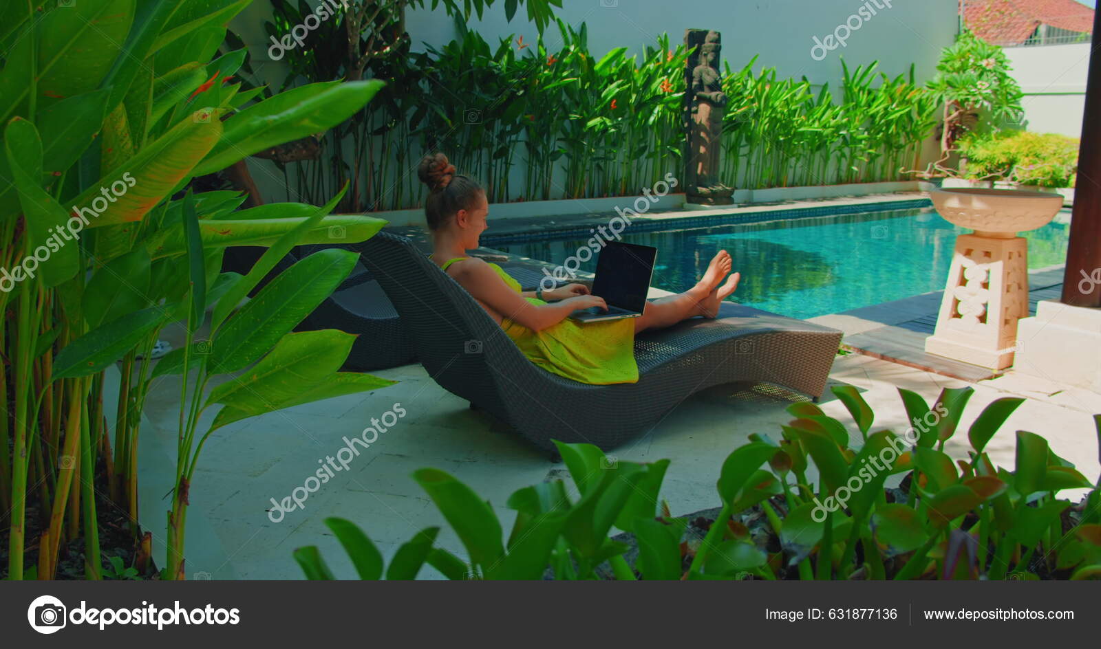 Woman Freelancer Typing Laptop Communicates Internet Swimming Pool ...