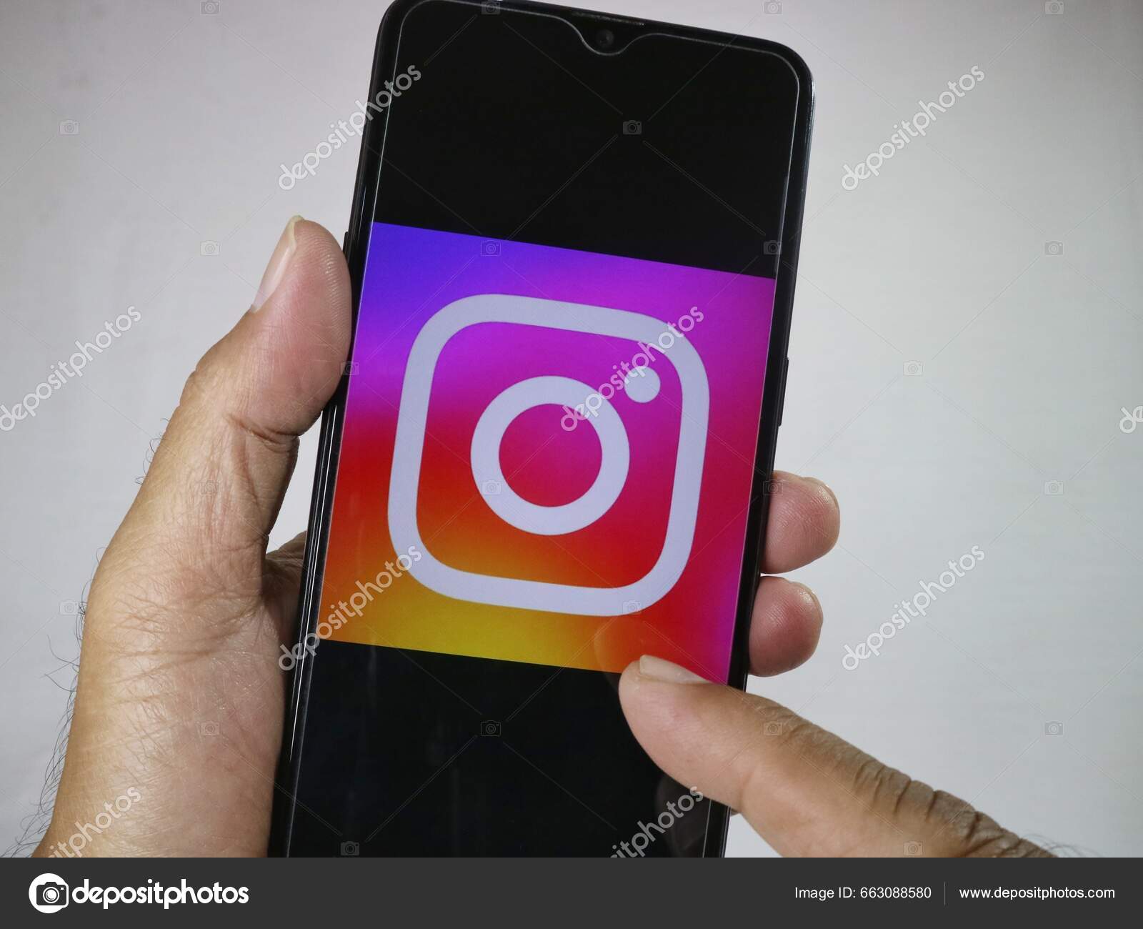 Hand Holding Mobile Phone Finger Touch Instagram Logo Screen — Stock ...