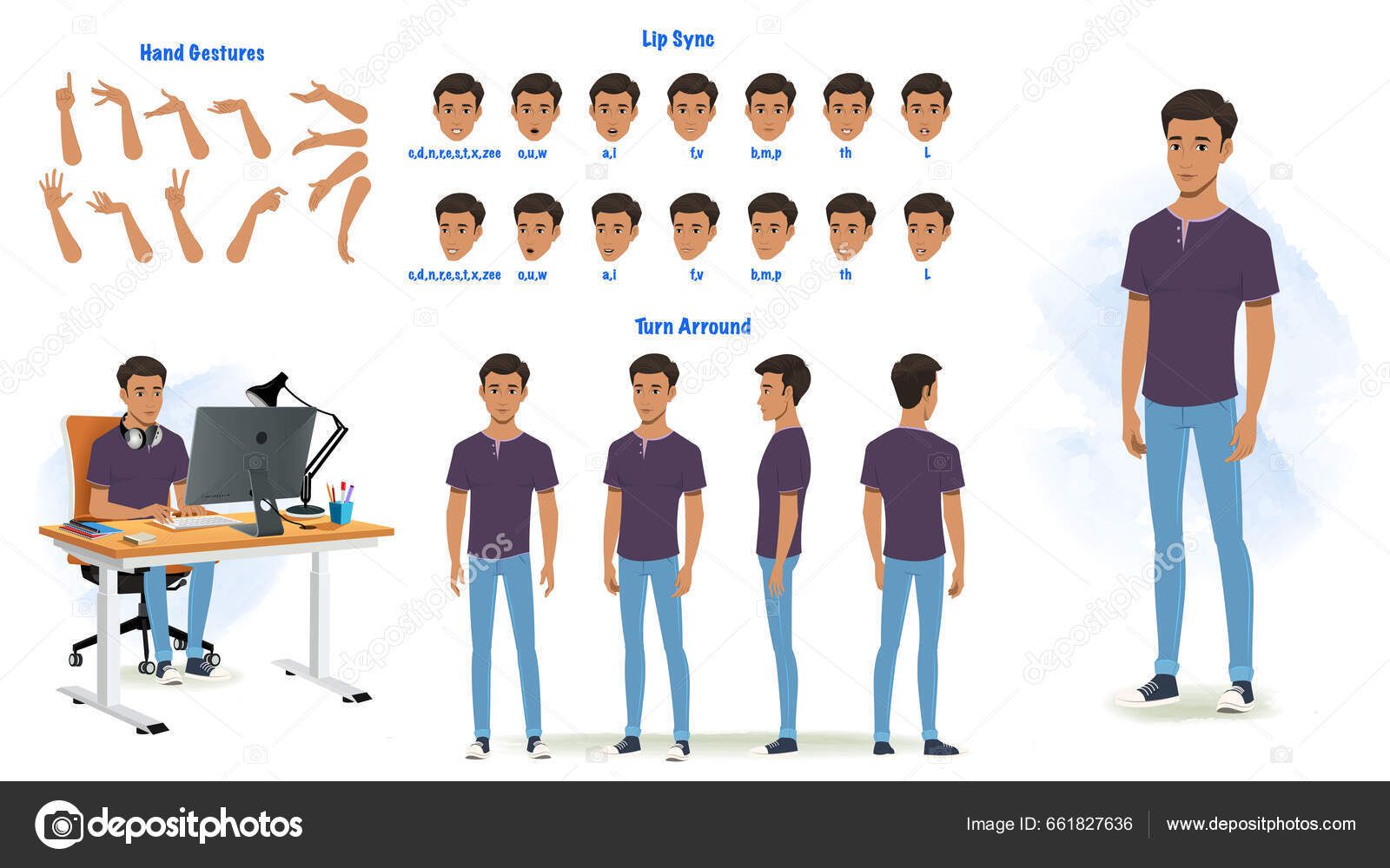 Set Man Character Design Character Model Sheet Front Side Back Stock ...
