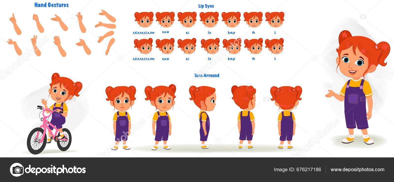 Set Cute Girl Character Design Character Model Sheet Front Side Stock ...