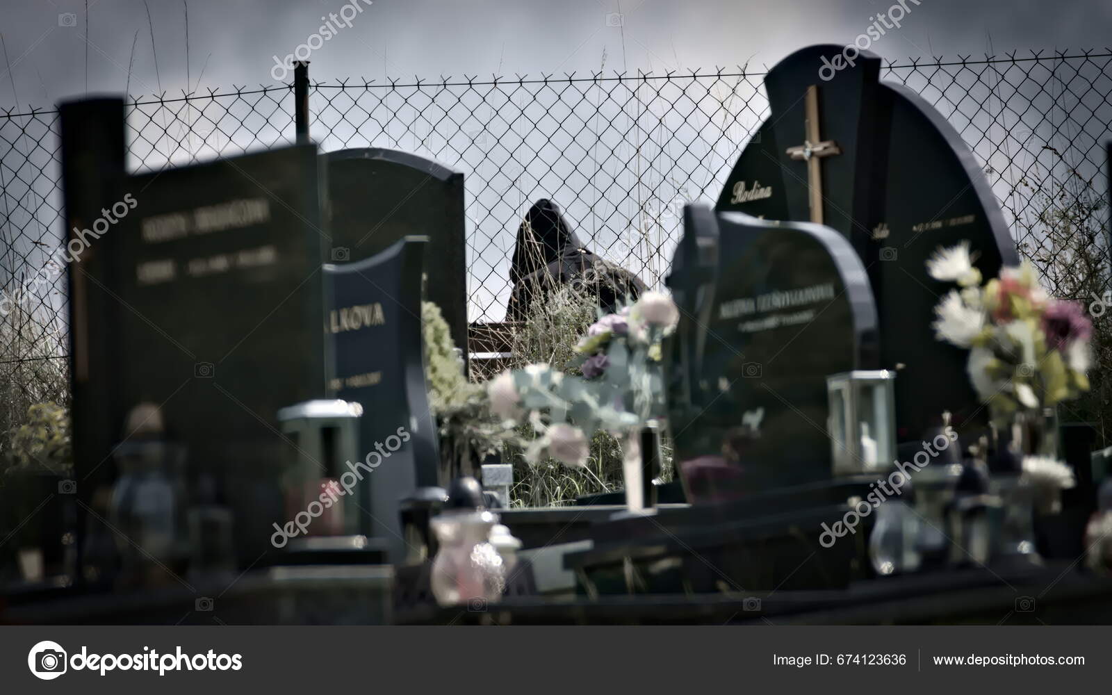 Person Looks Grim Reaper Waiting Someone Cemetery Scary Halloween Mood ...